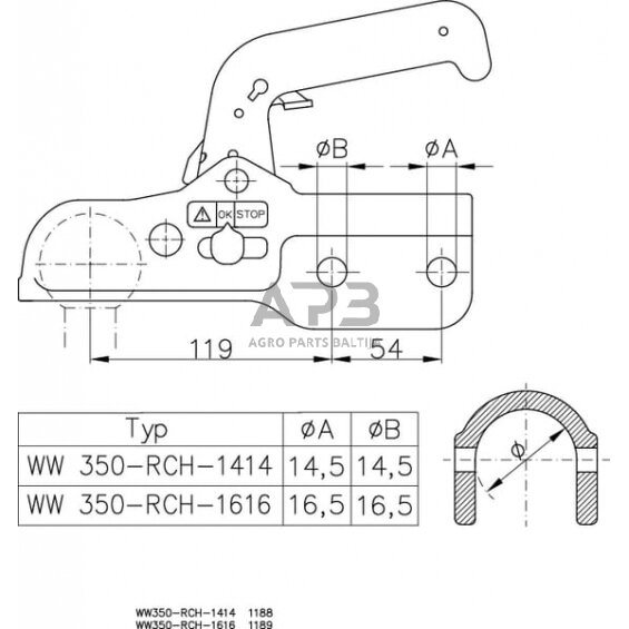 Priekabos sukabinimo spyna Winterhoff 3500kg Ø60mm 1860809